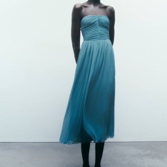 Zara | Dresses | Nwt Muted Blue Pleated Midi Dress | Poshmark